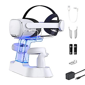 NexiGo Enhanced Charging Dock with LED Light [On/Off] for Oculus Quest 2, [Support Elite Strap with Battery], Headset Display Holder and Controller Mount, 2 Rechargeable Batteries, USB-C Charger