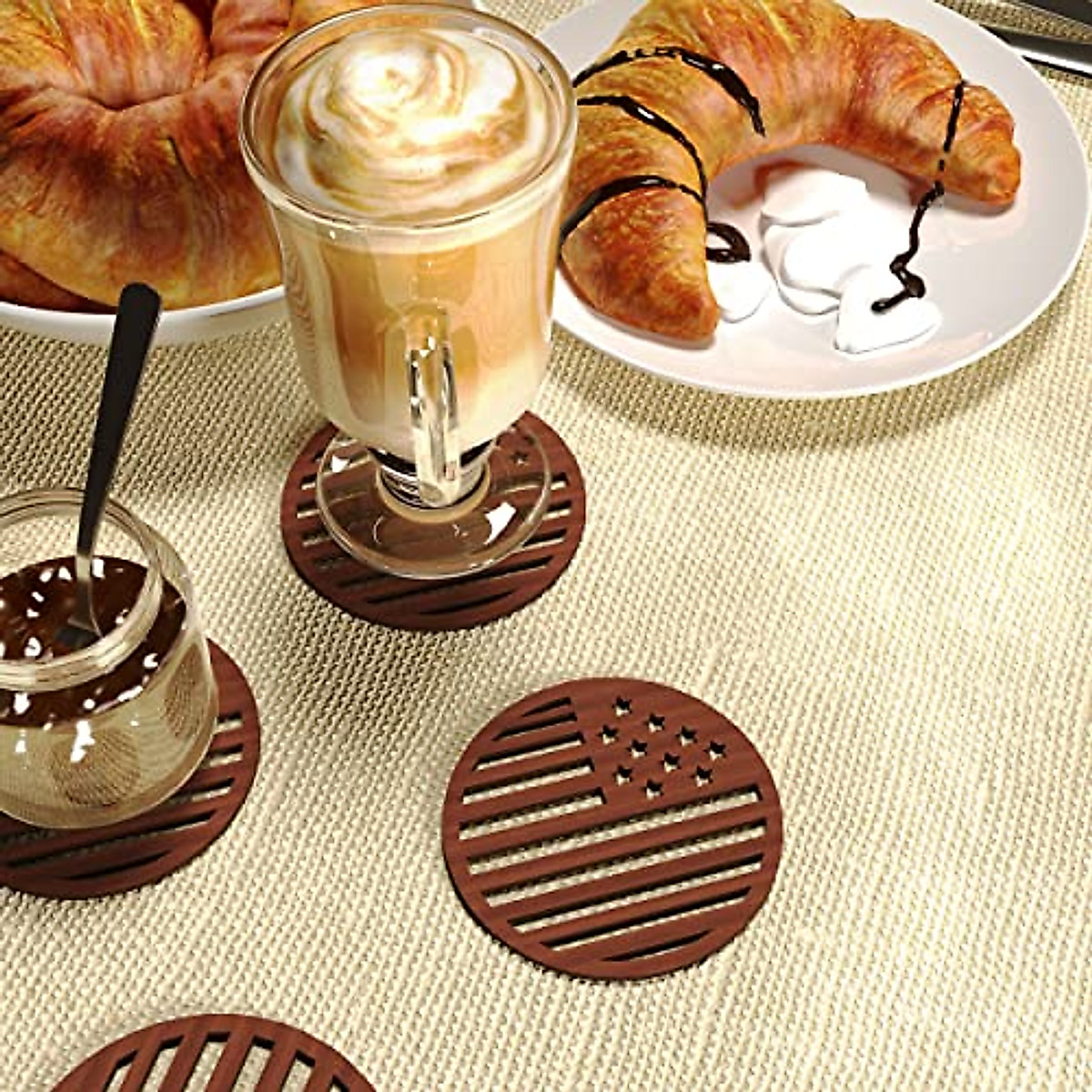 Independence Day Wood Coasters Set - This USA Gift Include 4pcs Carved American Flag Wooden Coasters for Drinks - Great Patriotic Home Decorations