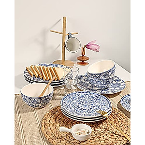 Sonemone 8.75 Inch Marrakesh Tile Floral Salad Plates, Blue Ceramic Plates Set of 4, for Salad, Pasta, Pancakes, Steak, Microwave & Dishwasher Safe