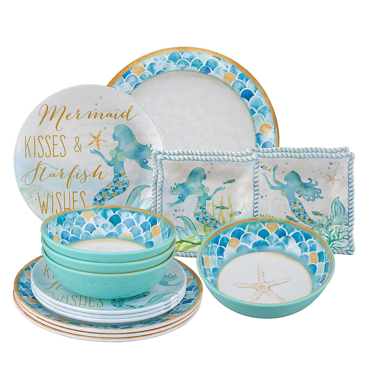 UPware 16-Piece Melamine Dinnerware Set, Includes Dinner Plates, Salad Plates, Dessert Plates, Bowls, Service for 4. (Mermaid)
