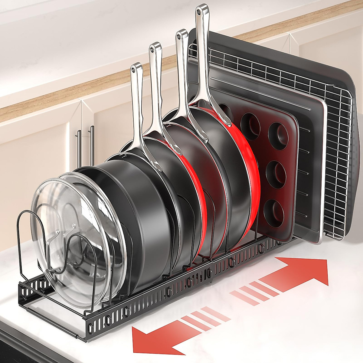 ORDORA Pots and Pans Organizer: Under Cabinet, 11.8''-22.8'' Extendable 12 Adjustable Dividers Pot/Pan Organizer Rack for Kitchen Cabinet Organizer