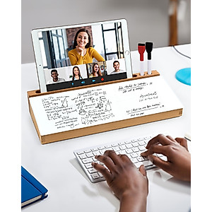 BS-VOG Desk Whiteboard, Glass Desktop Dry Erase Board with Wooden Storage Box, Computer Keyboard Stand with Drawer for Home Office Accessories Supplies Organizer, 2 Markers with Eraser Included