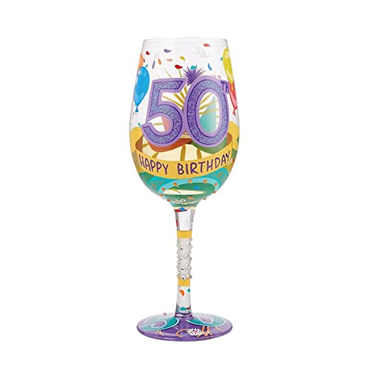 Enesco Designs by Lolita Happy 50th Birthday Hand-Painted Artisan Wine Glass, 1 Count (Pack of 1), Multicolor