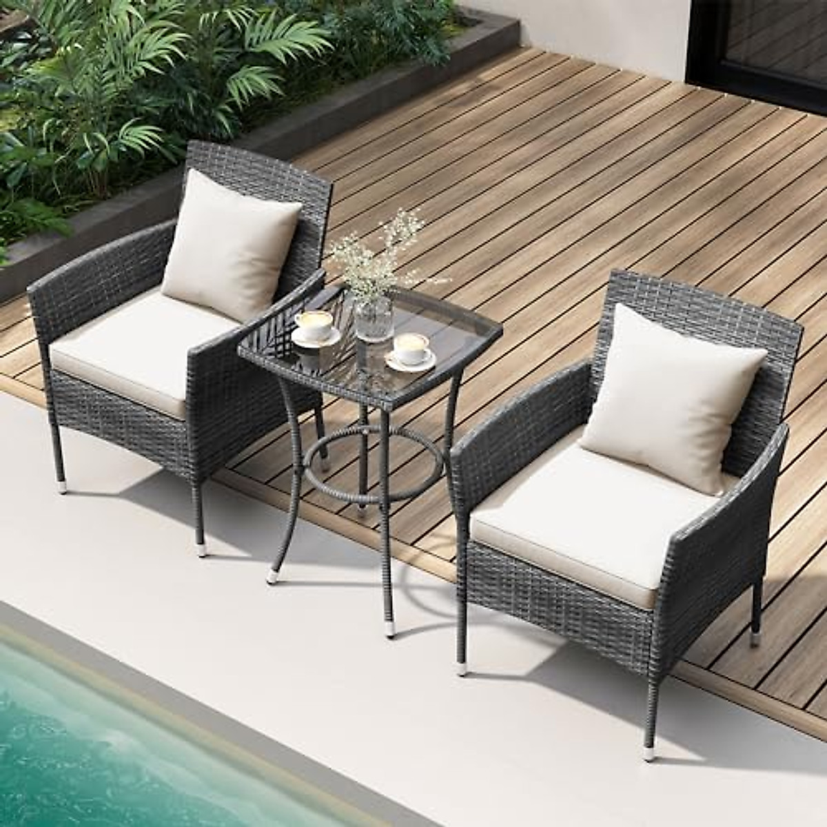 Tangkula 3 Piece Furniture Wicker Rattan Outdoor Patio Set, Onesize, Grey