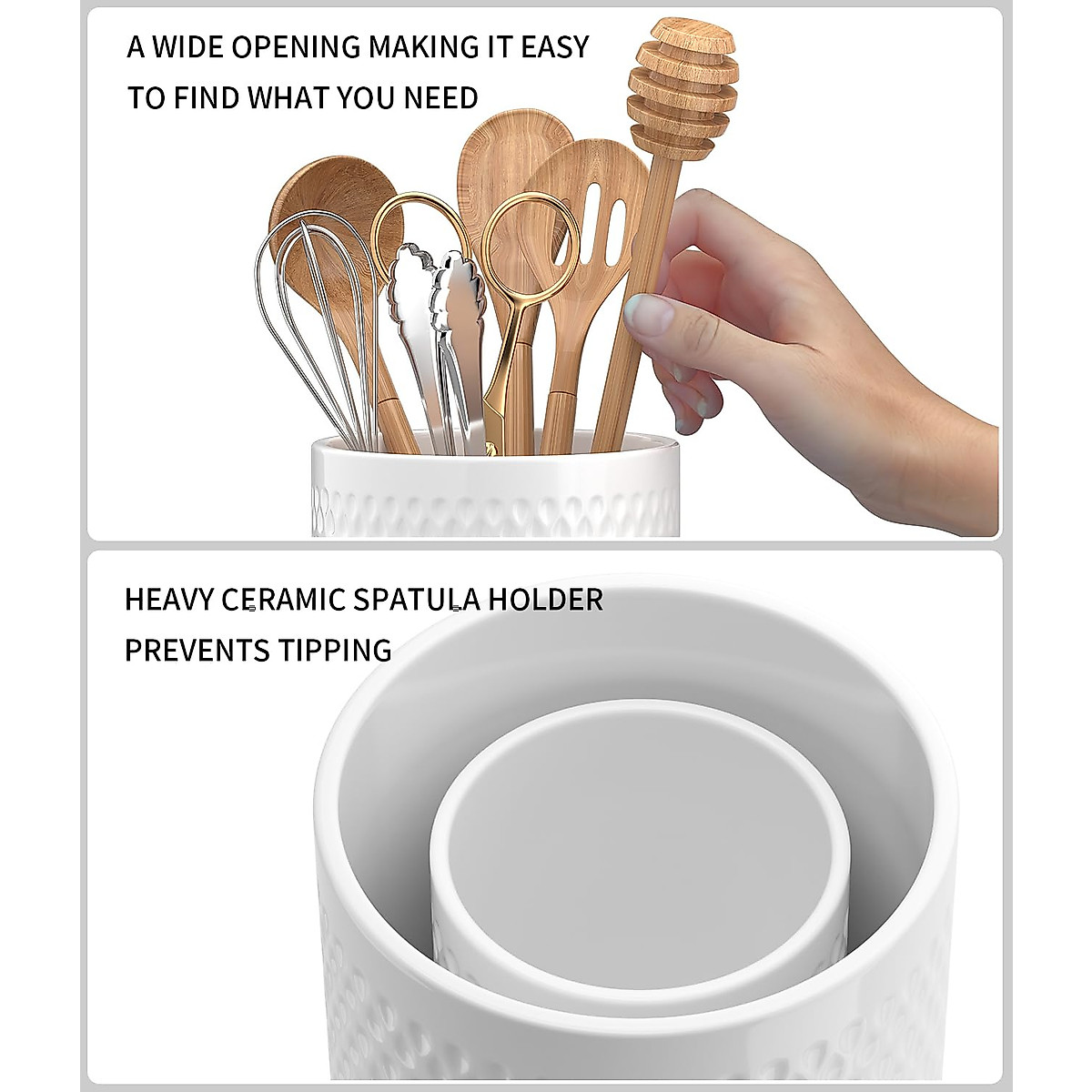 Kitchen Utensil Holder, 2 Pack Utensil Caddy, Ceramic Utensil Holder for Kitchen Counter, Large Spatula Holder, Cooking Utensil Organizer, Farmhouse Kitchen Decor for Silverware Spoon Utensil Crocks