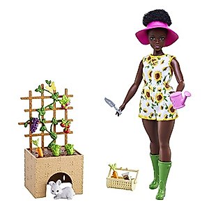 Barbie Doll & Gardening Playset with Brunette Doll, Bunny, Lattice with Plug-and-Play Produce & Garden Accessories