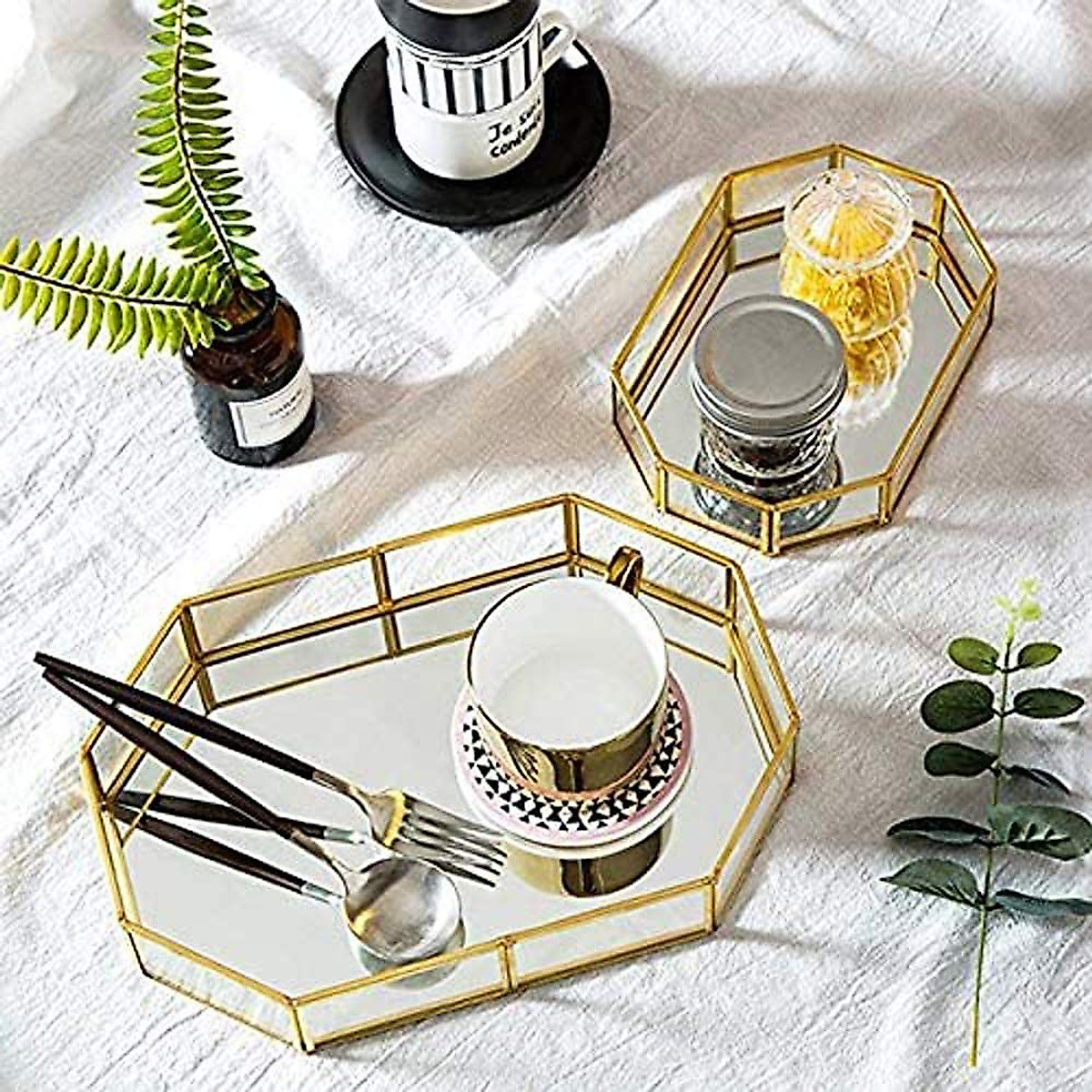 Decorative Metal Mirror Catchall Tray, Glass Vanity Tray, Dresser Tray, Jewelry Display Tray, Vanity Organizer for Accent Table, Gold Leaf Finish, 12.4x8.5x2 inches (Polygon)