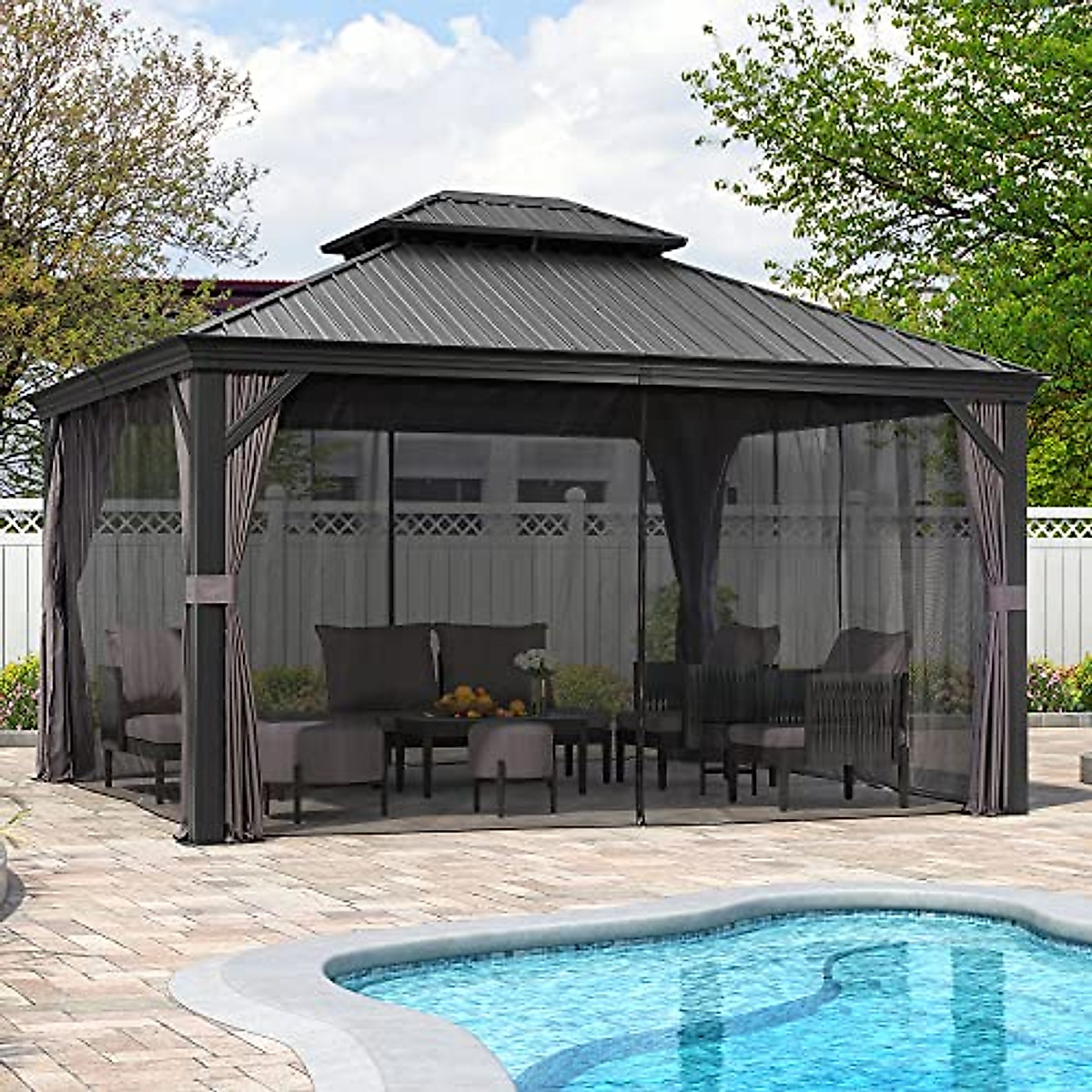 PURPLE LEAF 12' X 14' Hardtop Gazebo Aluminum Permanent Outdoor Gazebo with Galvanized Steel Double Roof for Patio Backyard Curtains and Netting Included Grey