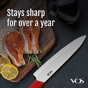 Vos Universal Knife Block and 8 Inch Ceramic Chef Knife Red