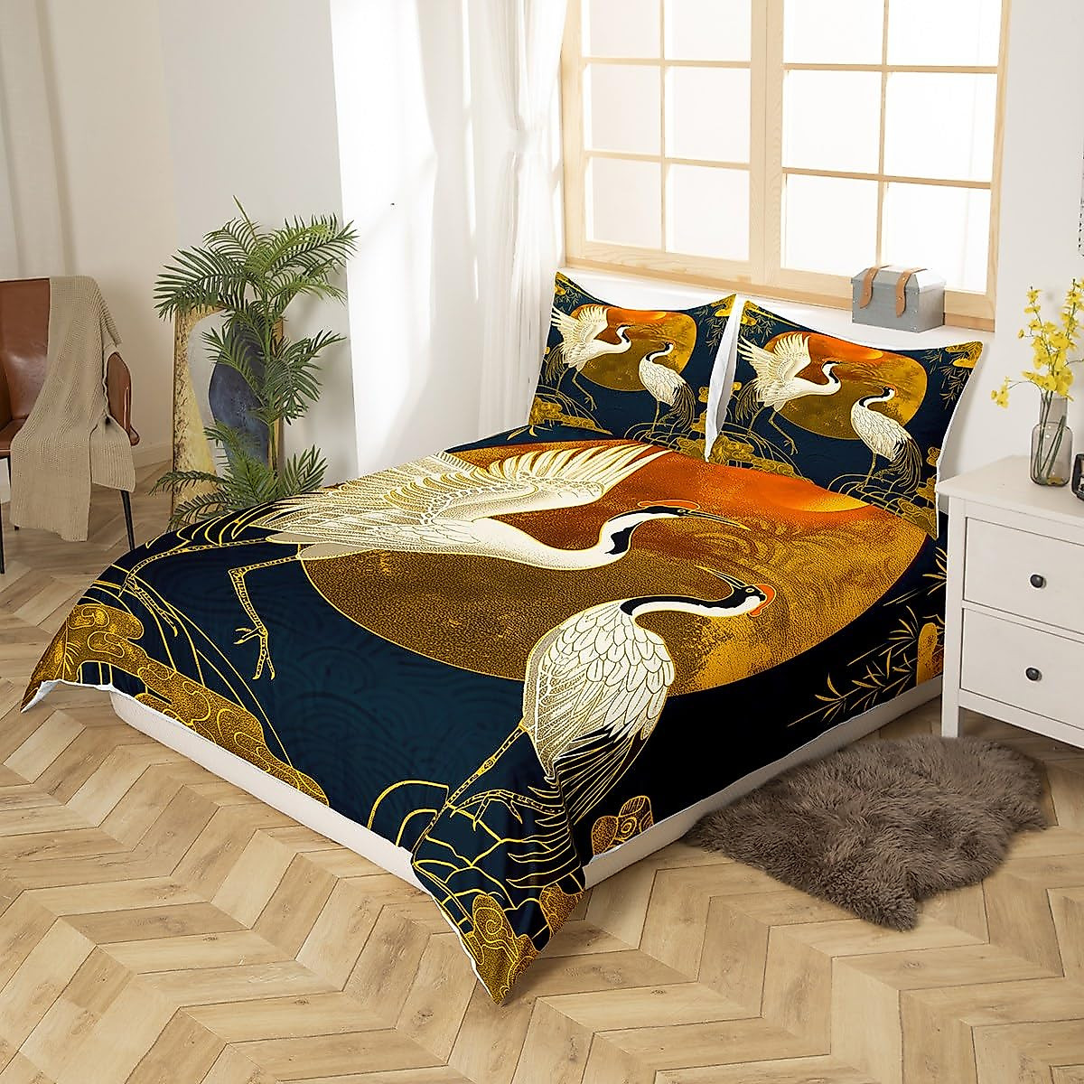 Japanese Crane Duvet Cover Set Queen Size,Gold Sun Cloud Stripes Bedding Set 3Pcs,Retro Ukiyoe Leaf Print Comforter Cover for Adult Women Men Room Decor,Wild Animals Quilt Cover,2 Pillowcases