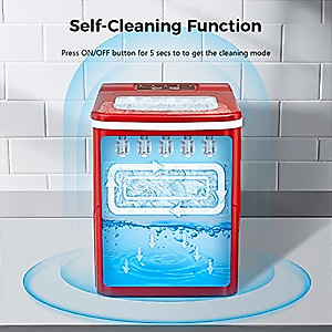 AGLUCKY Ice Makers Countertop with Self-Cleaning, 26.5lbs/24hrs, 9 Cubes Ready in 6~8Mins, Portable Ice Machine with 2 Sizes Bullet Ice/Ice Scoop/Basket for Home/Kitchen/Office/Bar/Party, Red