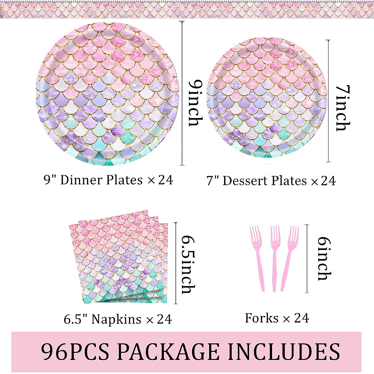 96 Pcs Mermaid Birthday Party Supplies Plates and Napkins Set for 24 Guests, Little Mermaid Party Decorations Ocean under the Sea Party Tableware Plate, Fork, Napkins for Princess Girls Baby Shower