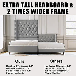 PaPaJet King Size Bed Frame 61.4" Tall Headboard Upholstered Velvet Platform Bed with Handmade Deep Button Tufted/No Box Spring Required/Grey