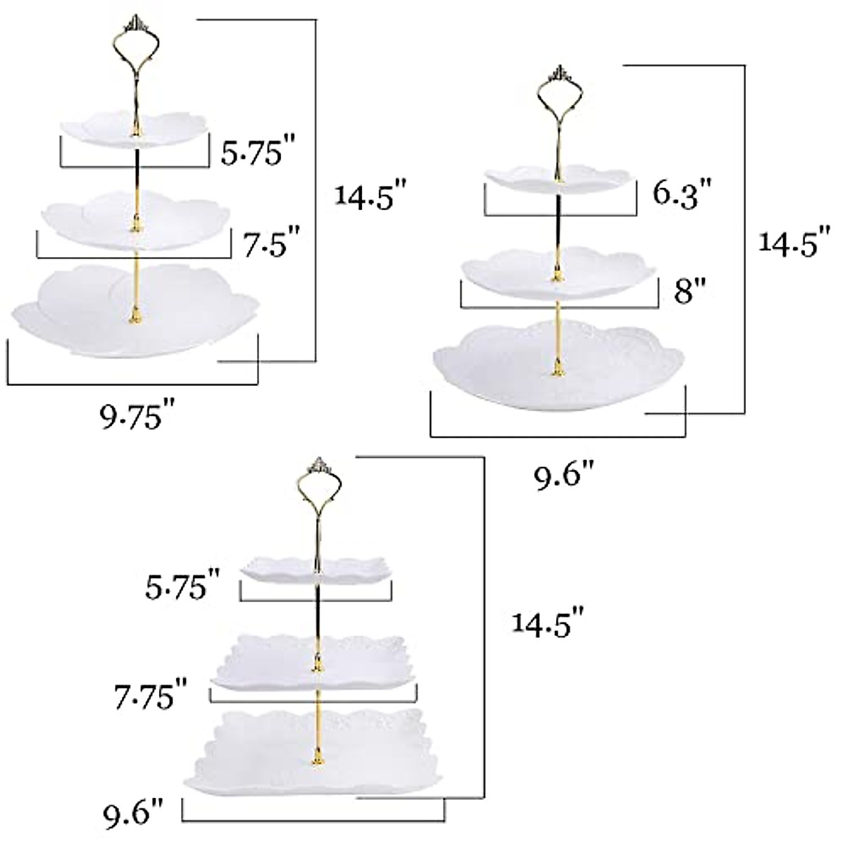 Tosnail 3 Pack 3 Tiers White Plastic Cupcake Stand Dessert Stand Tiered Serving Trays with Gold Rod - Round, Square, Flower