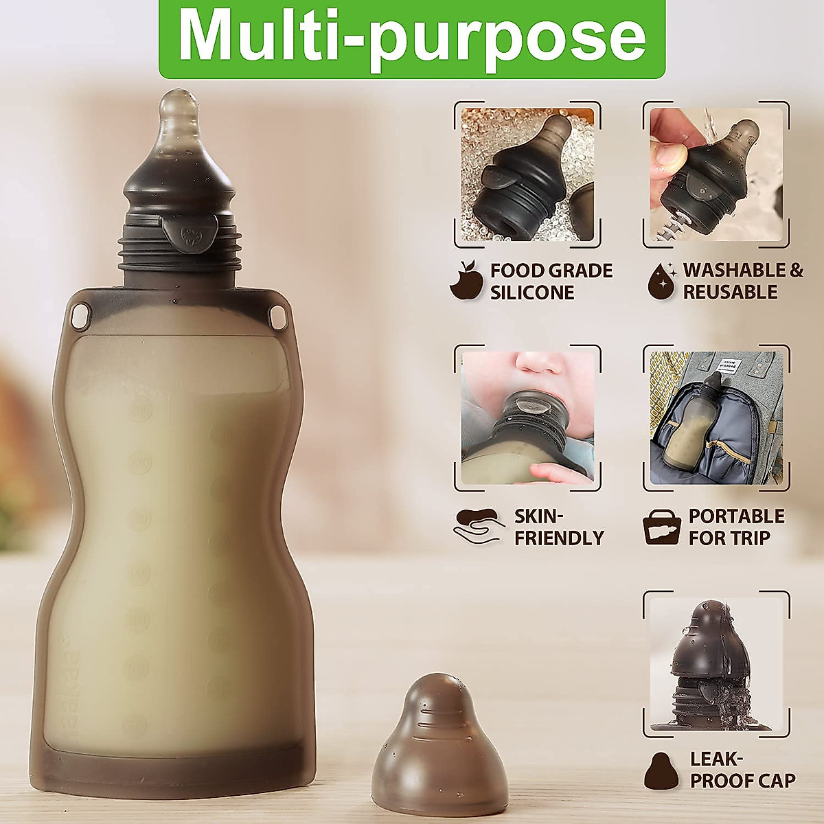 haakaa Silicone Breast Milk Storage & Feeding Bags (9oz,1pcs with Teat) - Soft & Washable Baby Feeding Pouch, Squeezable Baby Food Storage Bag for Self-Feed