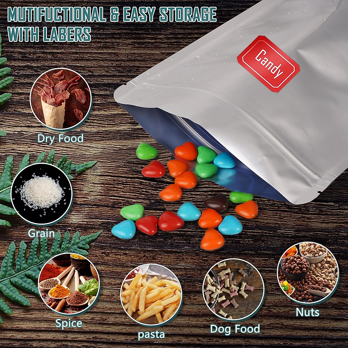 50 Pack 8.6 Mil 6''x9'' Mylar Bags for Long-term Food Storage with 50 Labers, Resealable Smell Proof Heat Sealable Bags for edible packaging, Strong Sealing Stand-up Foil Pouch Bags for Tea Dry Food