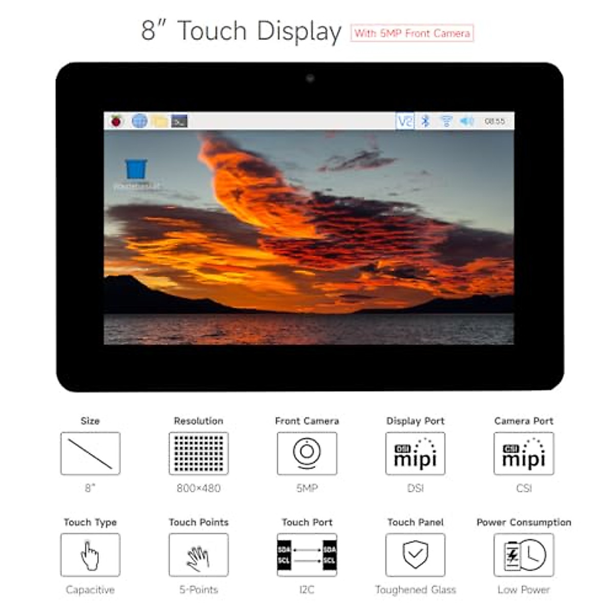 waveshare 8inch Capacitive Touch Display Compatible with Raspberry Pi 5/4B/3B+/3A+/3B/2B/B+/A+/CM3/3+/4 800×480 Resolution with 5MP Front Camera DSI Interface