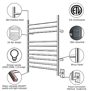 HEATGENE Towel Warmer Wall-Mounted Hardwired Heated Towel Rack Hot Towel Bar Mirror Polish