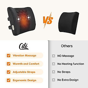 CILI Lumbar Support Pillow for Office Chair, Heated Back Support Pillow with Vibration, Back Massager for Chair, Back Rest Cushion Pillow for Desk Chair Sofa, Gifts for Mom Dad Women Men