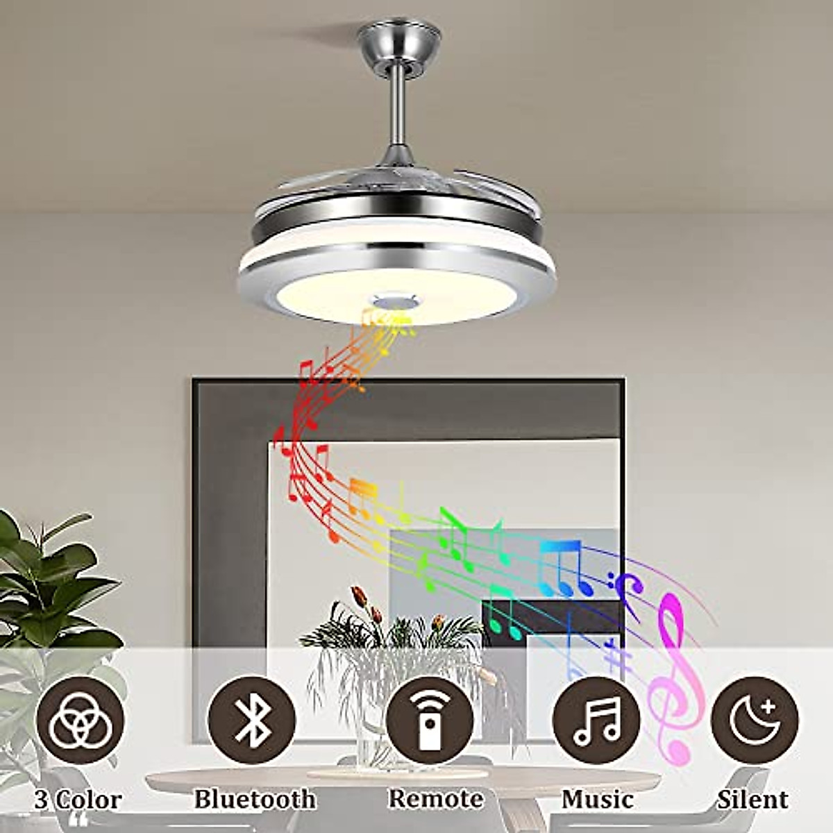 MoreChange 36" Retractable Ceiling Fans with Lights and Music Speaker,Modern Bluetooth LED Chandelier Fans For Dining Room wih Remote Control 3 Speeds 3 Color Changes Lighting Fixtures for Living