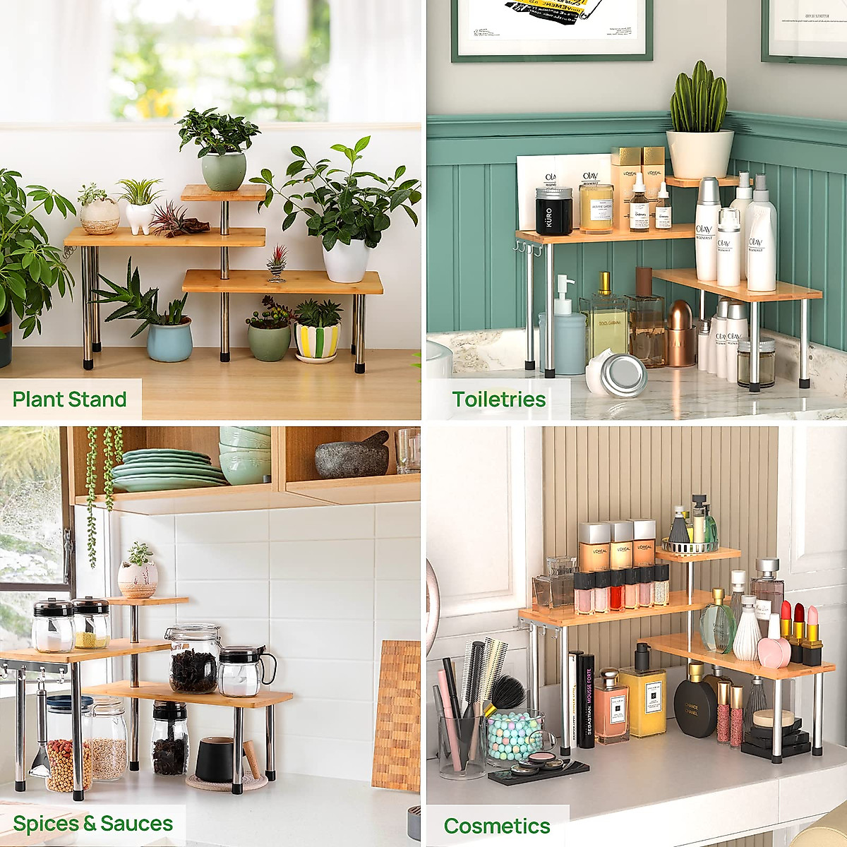 3 Tier Corner Shelf Bamboo Countertop Organizer Bookshelf Display Shelves Space Saving Rack for Living Room, Kitchen, Office (with Hooks)