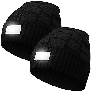 2 Pcs Beanie with Light 5 LED Beanie Hat Cool Stuff for Men Cool Camping Gadgets for Women Adult Knitted LED Stocking Cap Headlamp Winter Hat Christmas Stocking Stuffers Gifts, Battery Powered