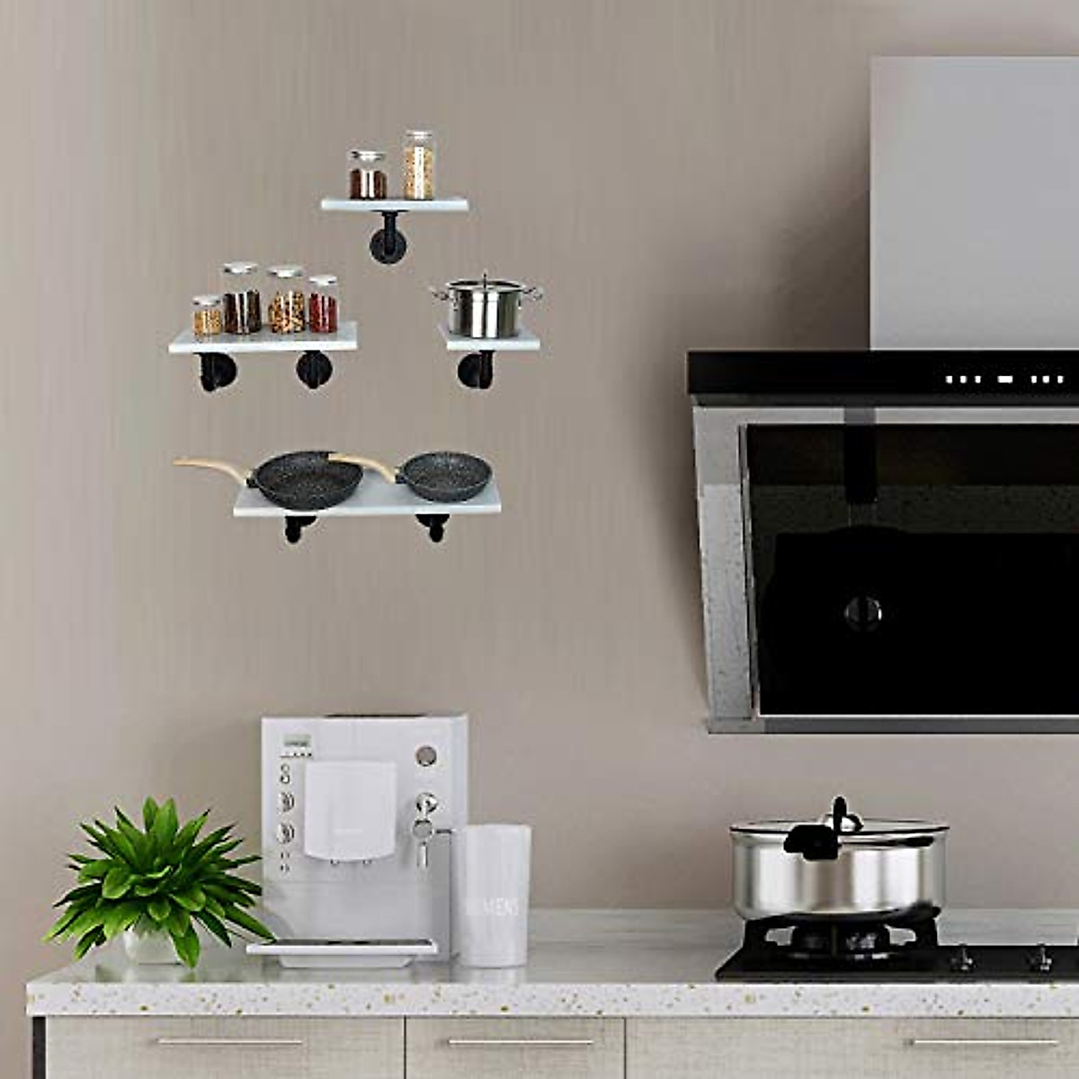 MANTE BLONG QTSARTISAN 24-Inch Industrial Pipe Floating Shelves Wall Mounted, Rustic Wood Wall Shelves Set of 4 for Bedroom, Bathroom, Living Room, Kitchen,Office and More (4 Shelves, White)