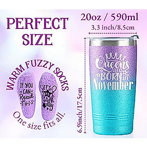 Onebttl Birthday Gifts for Women, Happy Birthday Tumbler for Her, Friends, 20 oz Insulated Cup with Funny Socks, Glitter Purple, Queens are Born in October