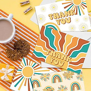 JarThenaAMCS 30 Packs Boho Sun Thank You Cards Groovy Retro Sunshine Greeting Cards with Envelopes and Stickers Here Comes the Son Blank Note Cards for Baby Shower Birthday Party Supplies