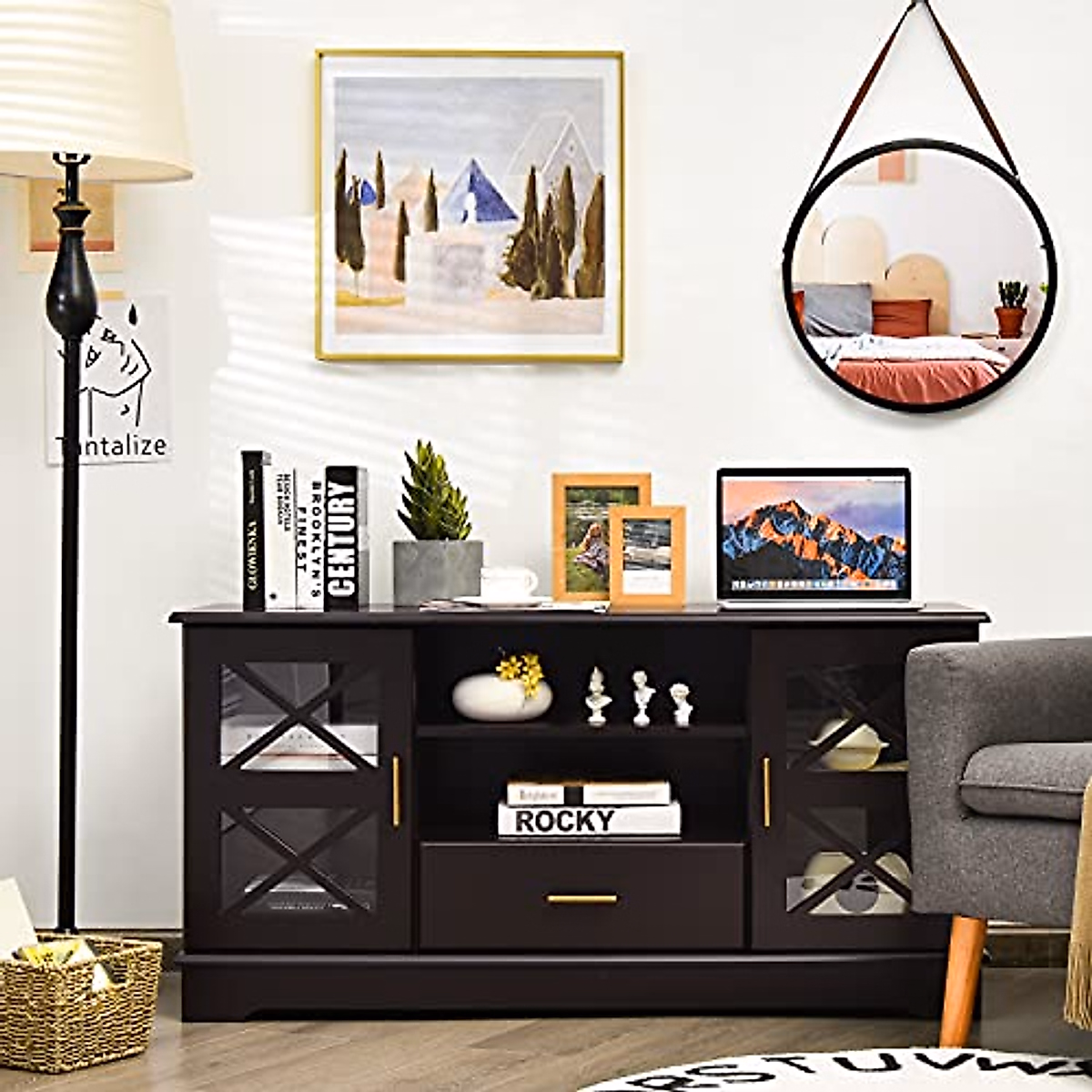 Tangkula Wood TV Stand with 2 Glass Door Cabinets, Media Console with Drawer & 2-Tier Adjustable Shelves, Living Room Entertainment Center for TVs up to 55 Inch, TV Console Table, Dark Brown