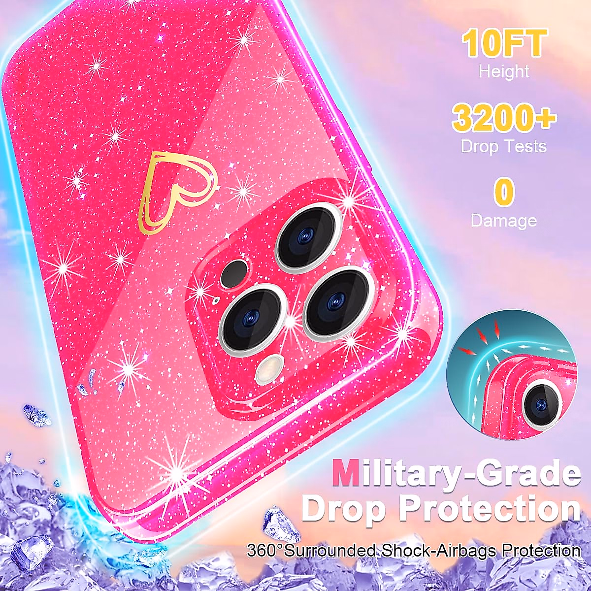 Qviskteme for iPhone 14 Pro Max Case Glitter,Cute Bling Sparkly Slim Phone Case TPU Shockproof Bumper Protective Soft Silicone Cover Anti-Scratch Plating Love Heart for Women Girls (Hot Pink)