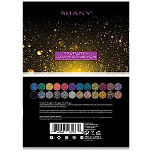 SHANY RSVParty Makeup Glitter Eyeshadow Palette - 24 Long-Lasting Pressed Glitter Pigments for Face and Body - Ultra Pigmented Glitter Makeup set with a Makeup Brush. Full Size Eyeshadow Pan.