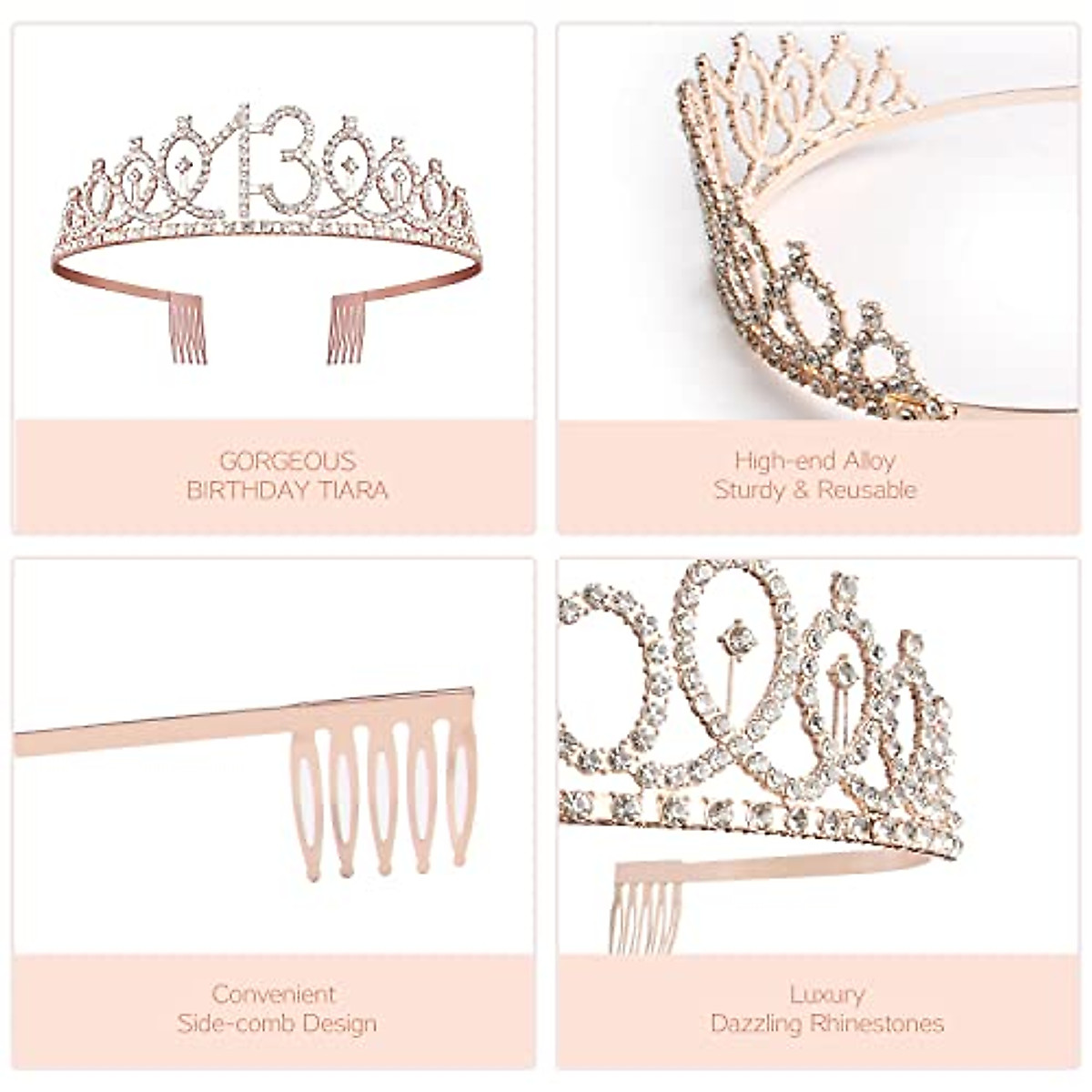 BEAN LIEVE 13th Birthday Decorations - Including 13th Birthday Sash, 13th Birthday Diamond Crown/Tiara, Birthday Candles and Cake Toppers, Rose Gold Maiden Gift 13th Birthday Celebration.