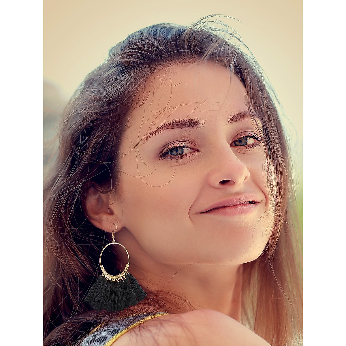 Hestya 2 Pairs Tassel Earrings for Women Girls Handmade 3 Tiered Tassel Dangle Earrings and Gold Hoop Earrings (Black)