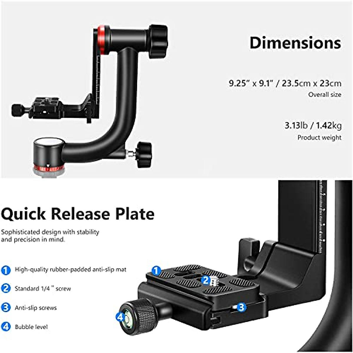 NEEWER Gimbal Tripod Head Professional Heavy Duty Aluminum Alloy with Arca Type Quick Release Plate, GM101 Supports Smoother 360 Degree Panoramic Shooting for DSLR Camera Up to 30lbs/13.6kg