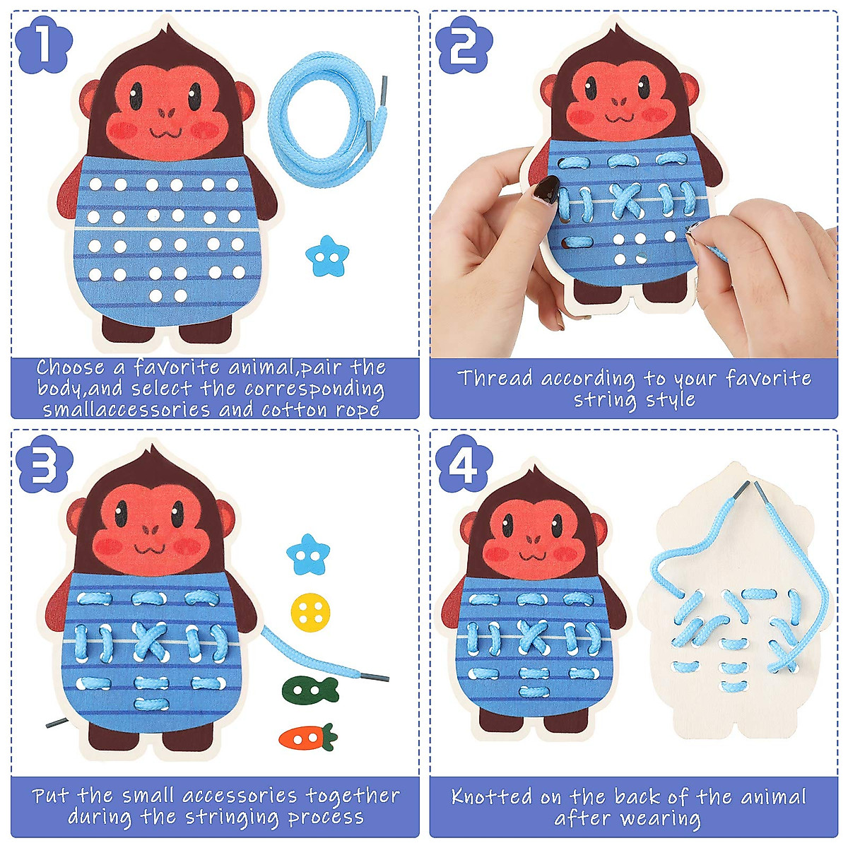 8 Pieces Wooden Lacing Animals Threading Toys Lacing and Tracing Cards Fine Motor Skill Toys for Boys and Girls School Activities