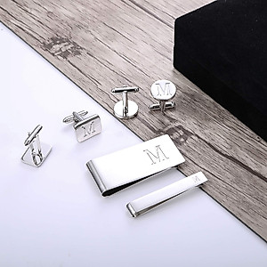 JOERICA 6 PCS Engraved Initial Cufflinks Tie Bar Money Clip Set Shirt Alphabet Letter Wallet Tie Clip and Cufflink Set