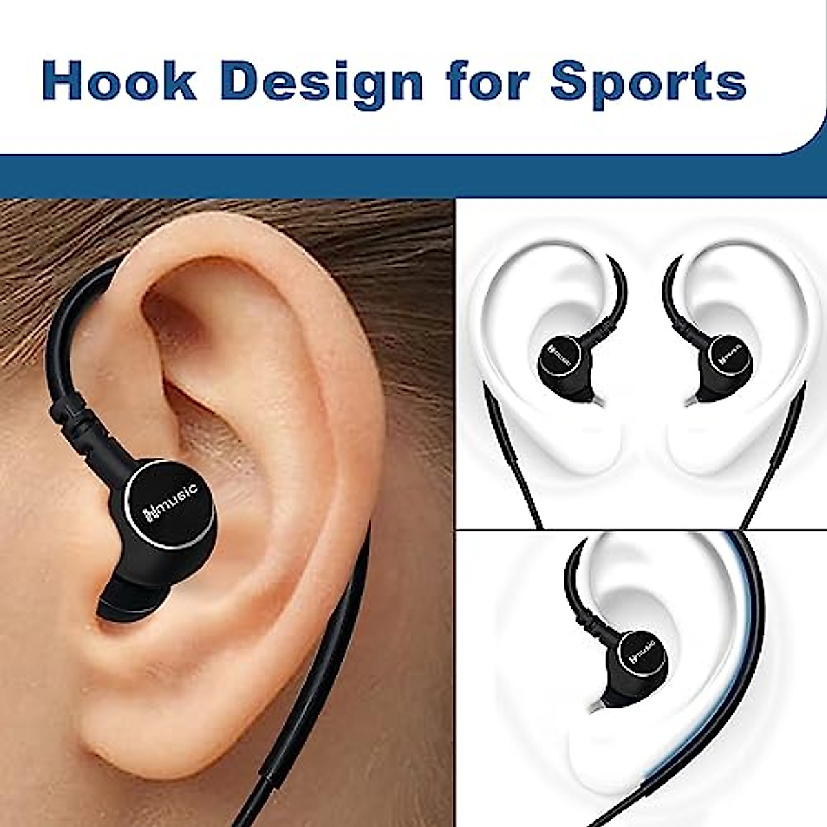 Hmusic Sports Earbuds Wired with Microphone, 3.5 mm Plug Metal Shell Earplugs in-Ear Headphones with Over Ear Hook Earphones for Sports, Running, Workout, Exercising, Gym