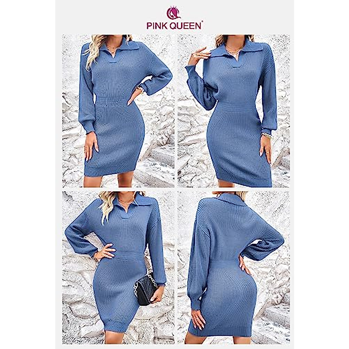 Pink Queen Fashion Long Sleeve Dress for Women Trendy Ribbed Knitted Polo Pullover Sweater Bodycon Mini Dresses Blue M