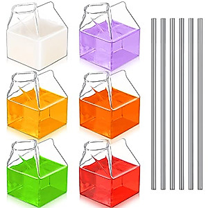 6 Pieces Clear Milk Carton Reusable Glass Container with 6 Stainless Steel Straws 12 oz Glass Milk Bottle Mini Creamer Pitcher Milk Carton Cup Hand Blown Box for Cocktail Juice Coffee Hot Water Coffee