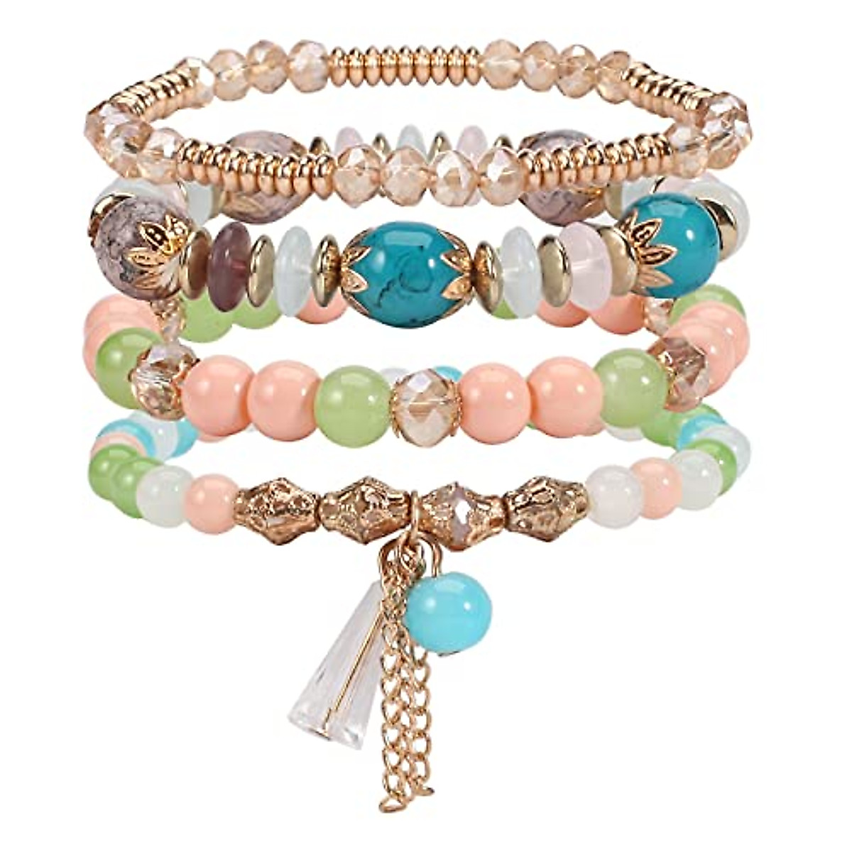 Twinfree 8 Sets Bohemian Stackable Bead Bracelets for Women Multilayered Bracelet Set Pendant Charm Stretch Bangles