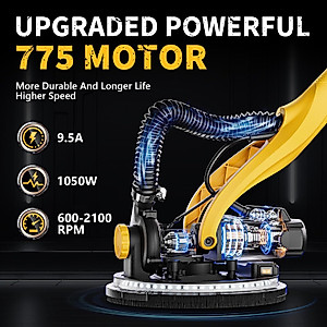 ALLOYPOWER Drywall Sander, 1050W Electric Drywall Sander with Vacuum Dust Collection, 6 Variable Speed 2100RPM,Double-Deck LED Light, Foldable & Extendable Handle, Dust Bag and Hose