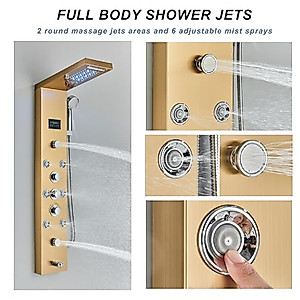 FCOTEEU Brushed Gold Shower Panel with Rainfall Waterfall Shower Head, 6 Adjustable Body Massage Jets Handheld Temperature Dispaly, Wall Mounted Stainless Steel Shower Column Tower