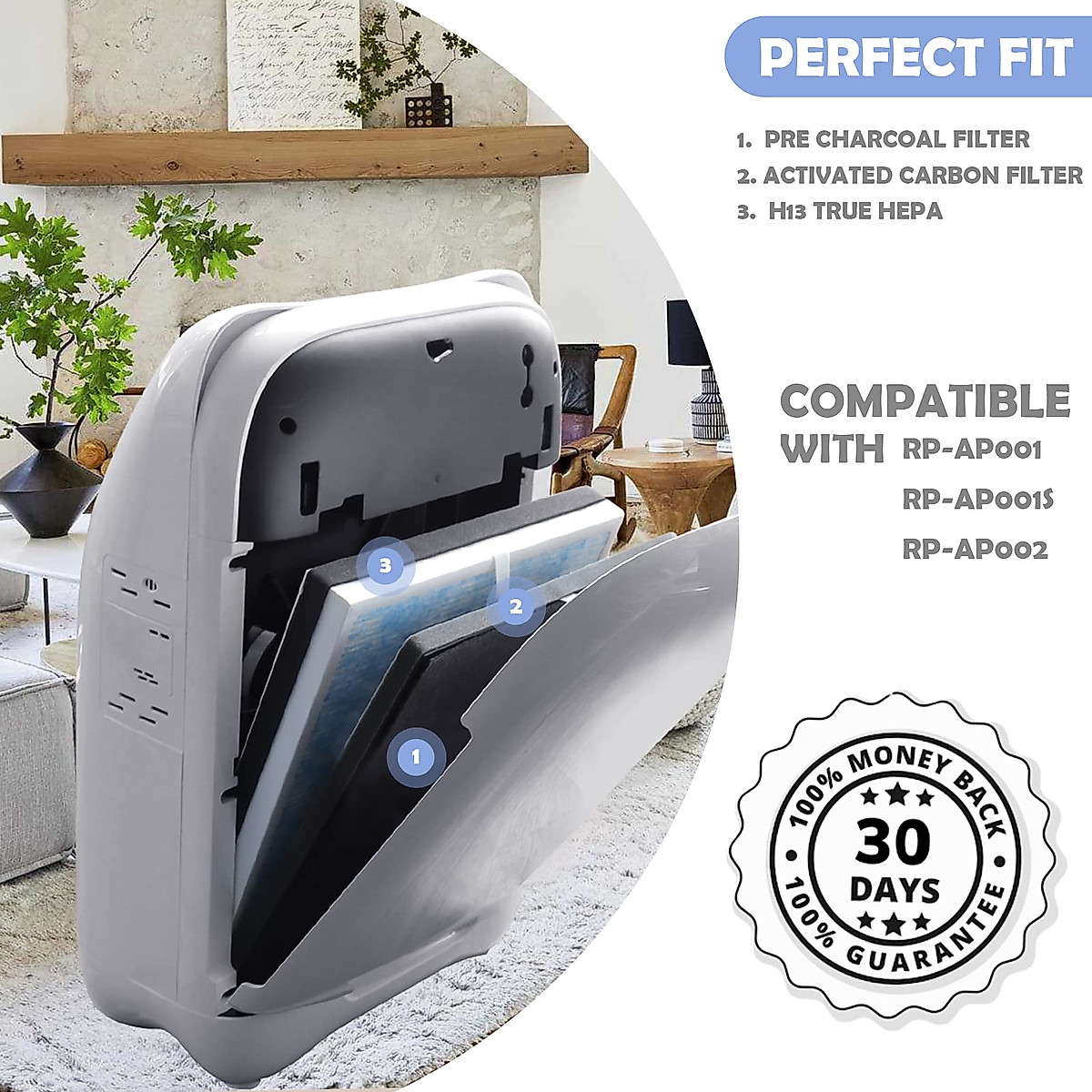 Ulrempart Replacement Air Filter Compatible with RENPHO Model RP-AP001, RP-AP002, RP-AP001S, 10-Pack Extra Charcoal Filters, 2X Activated Carbon Filter and 2X H13 True HEPA Filter