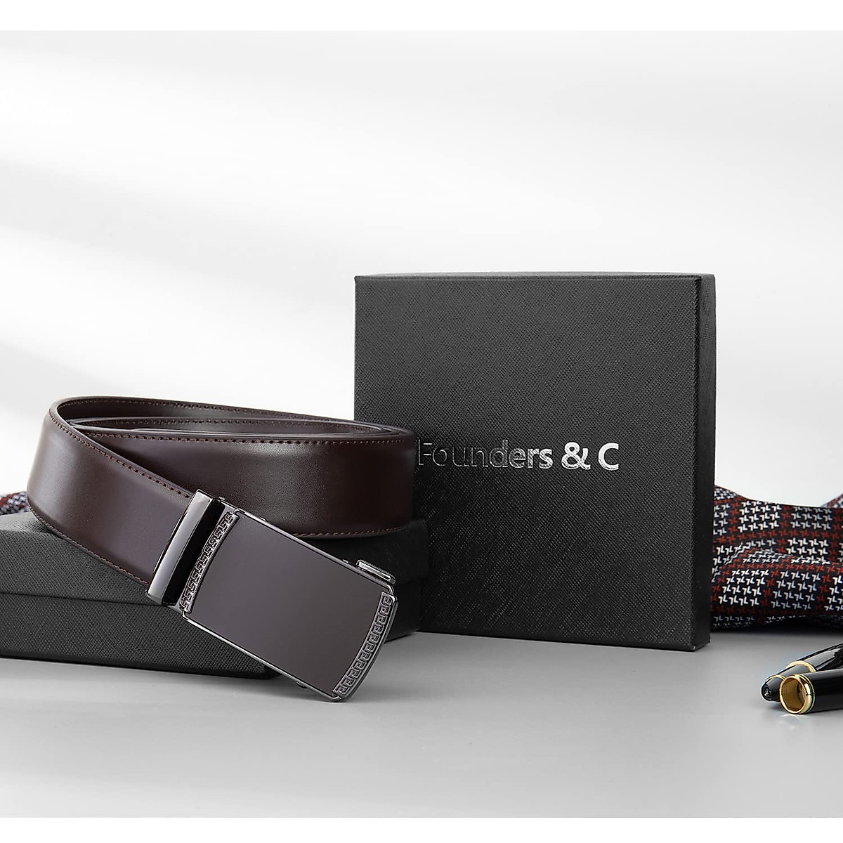 Founders & C Men's Leather Ratchet Comfort Click Belt Dress with Slide Buckle -Adjustable Trim to Fit (28"-42" Waist Adjustable, Matted Gun Buckle W Brown Leather)