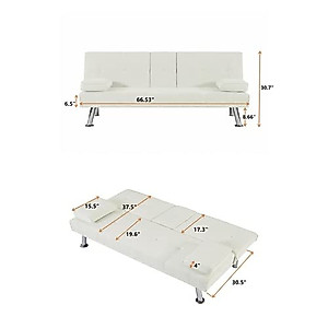 AnwickNomo Convertible Folding Futon Sofa Bed with Metal Legs & 2 Cupholders, Modern Faux Leather Upholstered Couch Loveseat Sleeper, Couches Bed, Removable Armrests for Small Spaces (Gray)