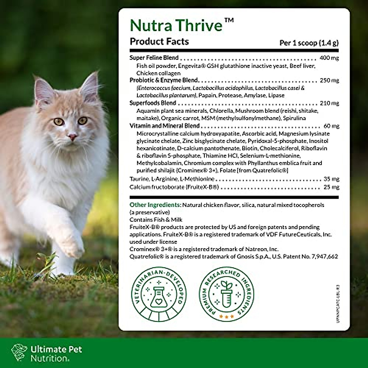 ULTIMATE PET NUTRITION Nutra Thrive™ Cat 40 in 1 Nutritional Supplement for Cats, Vitamins, Minerals, Probiotics, Enzymes, Antioxidants and Superfoods Blend, 30 Servings
