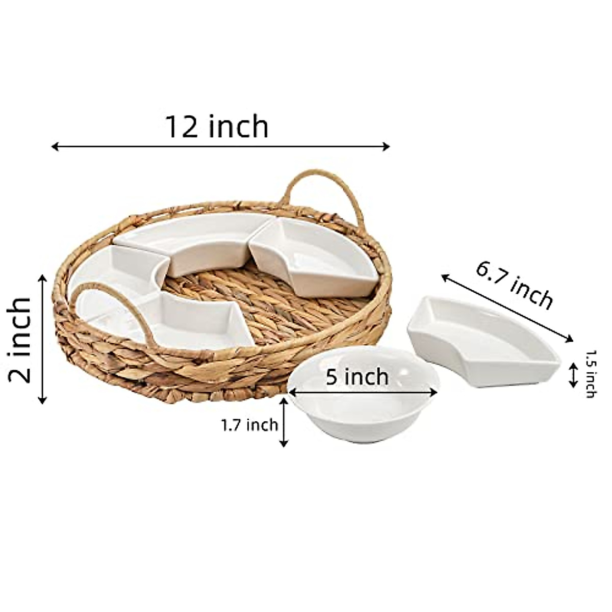 AVLA Ceramic Divided Serving Dishes, Porcelain Relish Tray, Party Appetizer Platter, 6 Removable Snack Bowls with Cattail Basket for Chips and Dips, Candy, Nut, Condiment, Veggie, Portable Handle