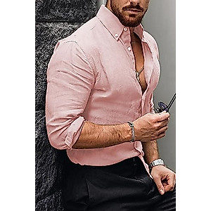 JMIERR Mens Cotton Linen Casual Stylish Button-Down Shirt Long Sleeve Business Plain Dress Shirts Old Money Aesthetic Shirts for Men,US50(2XL),B Pink