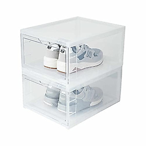 SneakNeat Sneaker Storage Container - 10 Pack, Durable Shoe Box Set with Drop Front Door - Store Up to Men's USA Size 13 - Free Standing Stackable Household Organizer - Stores, Protects, Displays Shoe Collection (Clear)